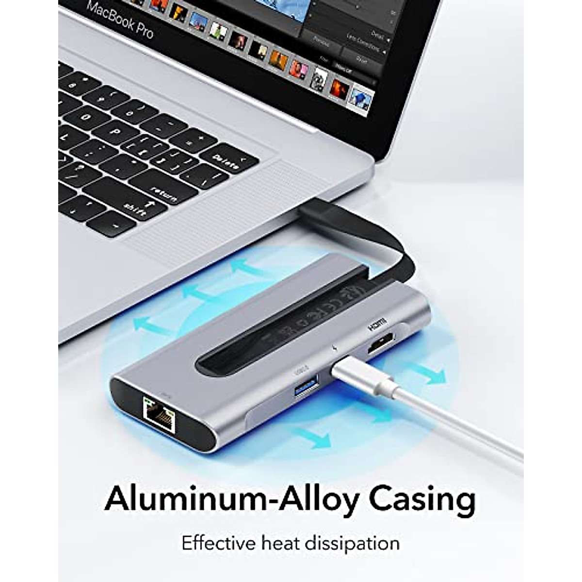 ESR 8-in-1 Portable Hub, USB-C Hub with Gigabit Ethernet, 4K@30Hz HDMI, 100W PD, 2 USB 3.0 Ports, 1 USB 2.0 Port, SD Card Reader, Compatible with iPad 10/Pro 11/12.9, MacBook Pro, and USB-C Devices