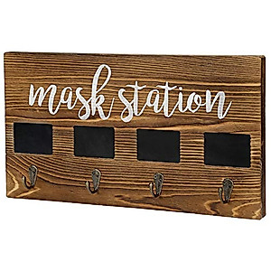 MyGift Wall Mounted Burnt Wood Personal Face Mask Holder Rack with MASK Station Print Design, 4 Mask Key Hooks and Individual Chalkboard Labels