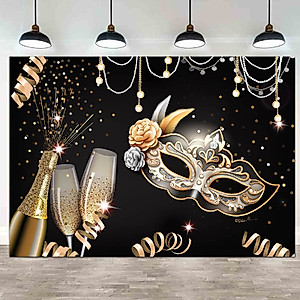 Masquerade Party Backdrops Retro Gold Black Mask Carnival Birthday Photography Backdrop Fiesta Mardi Gras Dance Photo Background Champagne Glass Photo Booths Props Decorations 8x6ft Vinyl