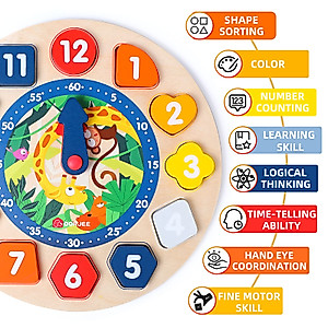 Dorjee Shape Sorter Teaching Clock, Learning Time Clock for Kids , Montessori Toys with 12pcs Removable Number Blocks, Display Holder Included