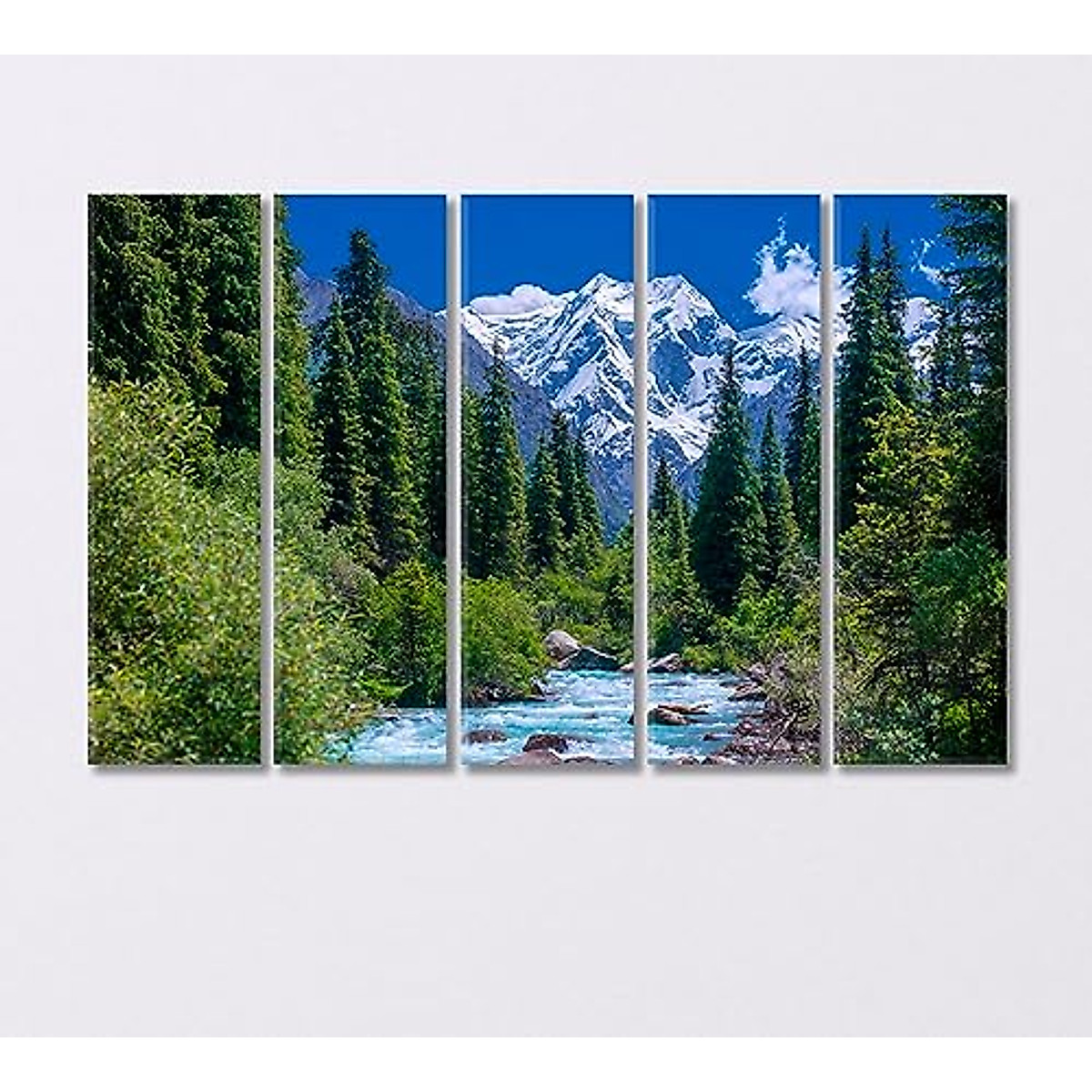 Spruce Forest near a Stormy River and Snowy Mountains Kyrgyzstan Canvas Print 3 Panels / 36x24 inches