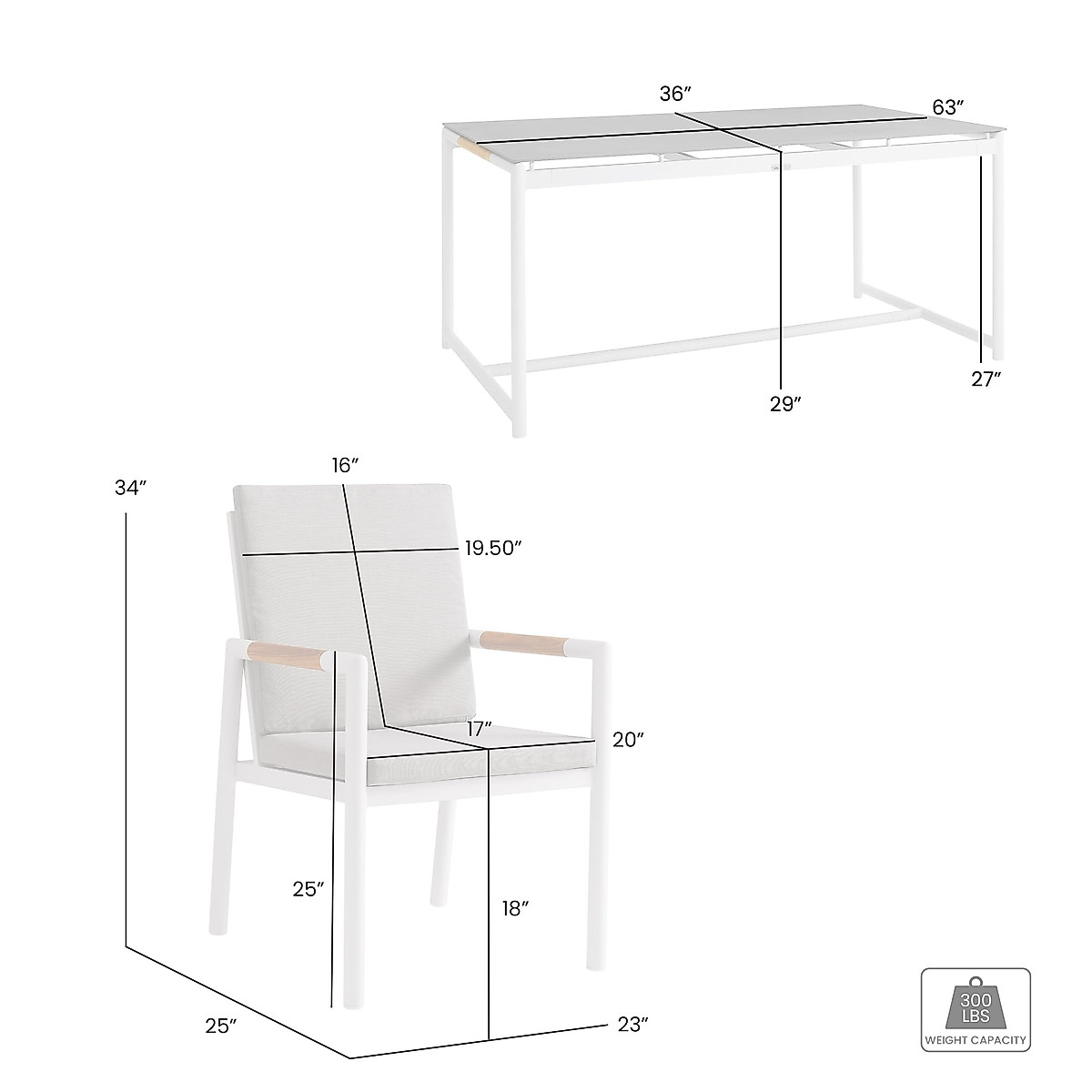 Armen Living Royal 7 Piece White Aluminum and Teak Outdoor Dining Set with Light Gray Fabric