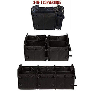 Tuff Viking Convertible Large 3 Compartment SUV Trunk Organizer | Truck Bed Organizer with Cover for Trucks, Cars, SUVs and Groceries. PATENTED ( 4-in-1 with Cover, Black)
