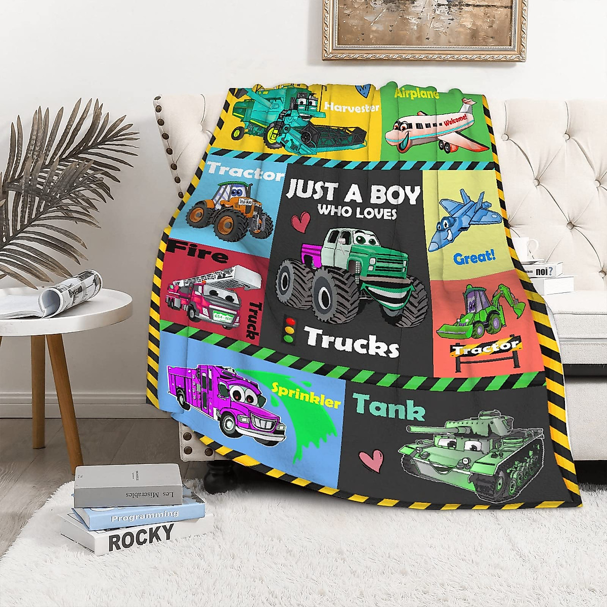Truck Blanket,Car Gift for Boys,Just A Boy Who Loves Trucks Throw,Soft Tractor Flannel Blanket Lightweight Airplane Blanket Decor Tank Quilt for Kids Bed Sofa Car 40"x50" for Kid Boy