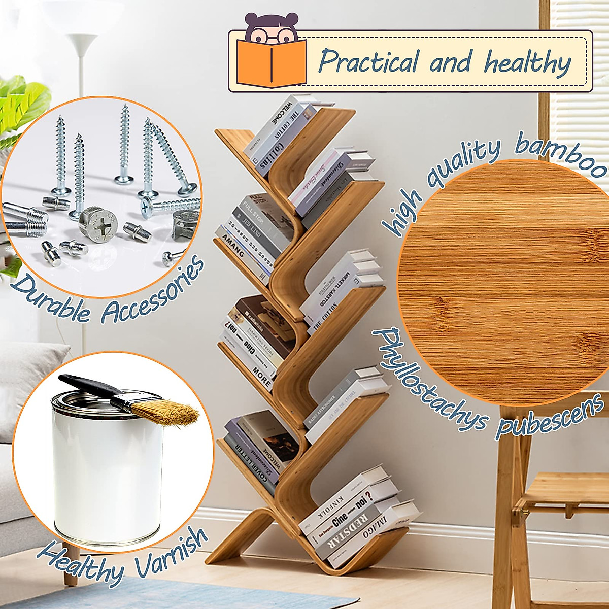 Bamboo Tree Bookshelf, 8-Tier Wood Bookcase, Free Standing Book Organizer Shelves, Books/Albums/Files Holder Display Storage Rack Space Saver for Living Room Bedroom-Log 55x23x5inch