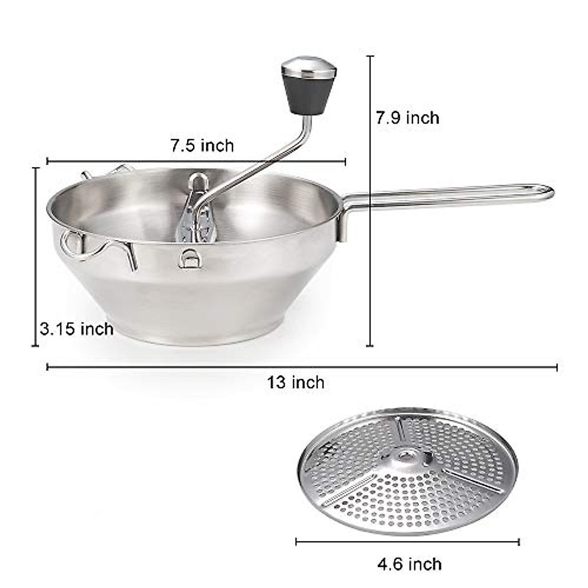 Rotary Food Mill Potato Ricer with 3 Interchangeable Disks, Great for Making Puree or Soups of Vegetables, Baby Foods, Stainless Steel 2-Quart Kitchen Mills, Easy Clean & Easy Assemble