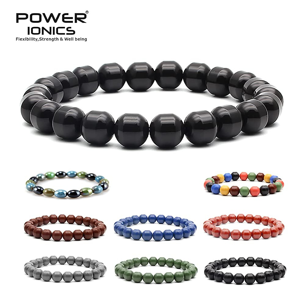 Power Ionics Black Tourmaline Bracelet Protection Bracelet Women Bracelets Healing Bracelets for Women, 0.3 inch Dark Gray Beaded Bracelets 7.7 inch High Elastic Size