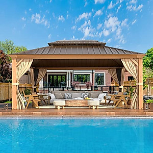 Erinnyees 12' x 16' Aluminum Wood Grain Hardtop Gazebo, Outdoor Aluminum Double Roof with Privacy Curtain and Mosquito Net for Patio, Lawn, Garden, Backyard(Wood Looking)