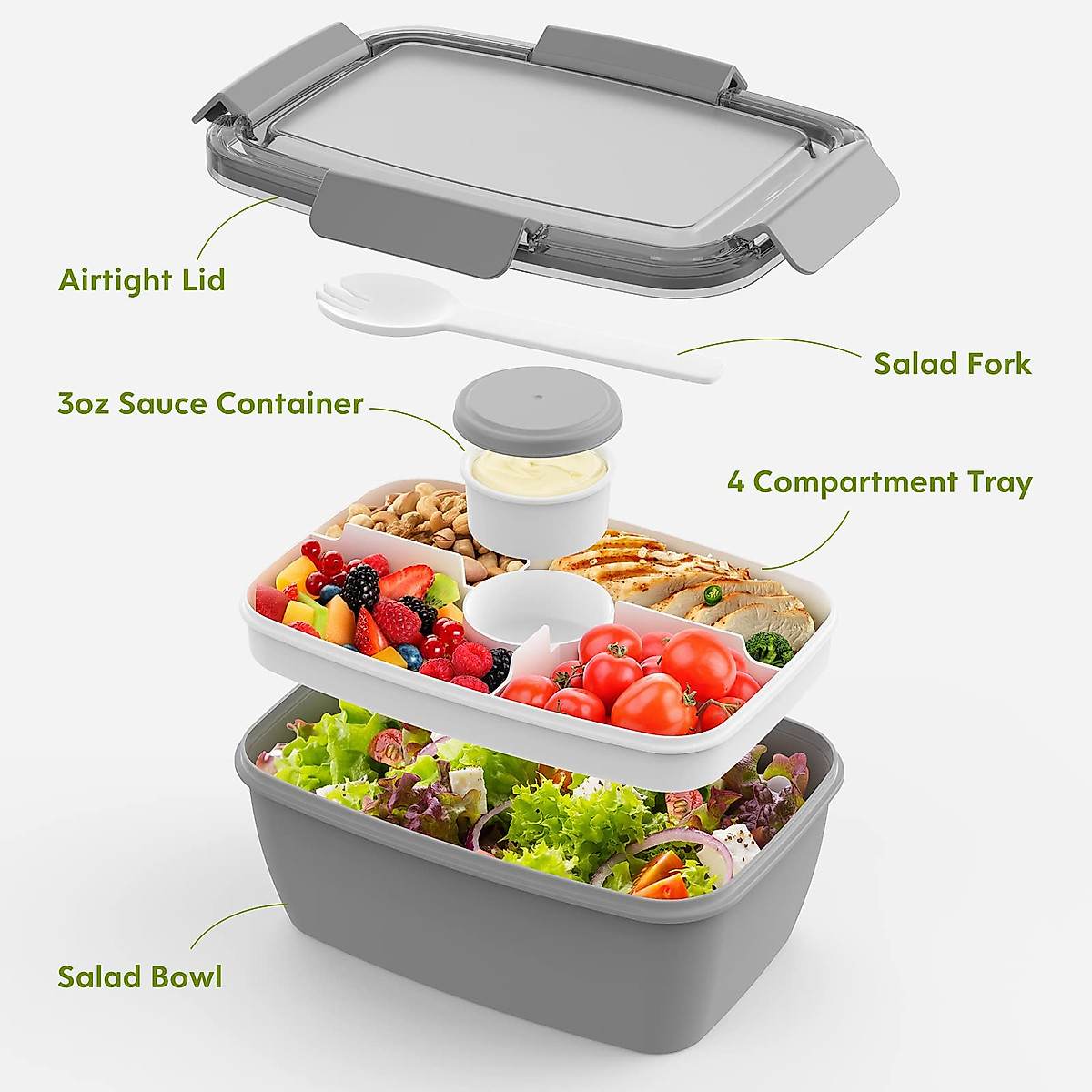 Cherrysea Salad Lunch Container, 68oz Salad Bowls with 4 Compartments Tray,Leak Proof Lunch Box with Fork for Men,Women BPA-Free Snack Container with Sauce Container for Dressings-Grey