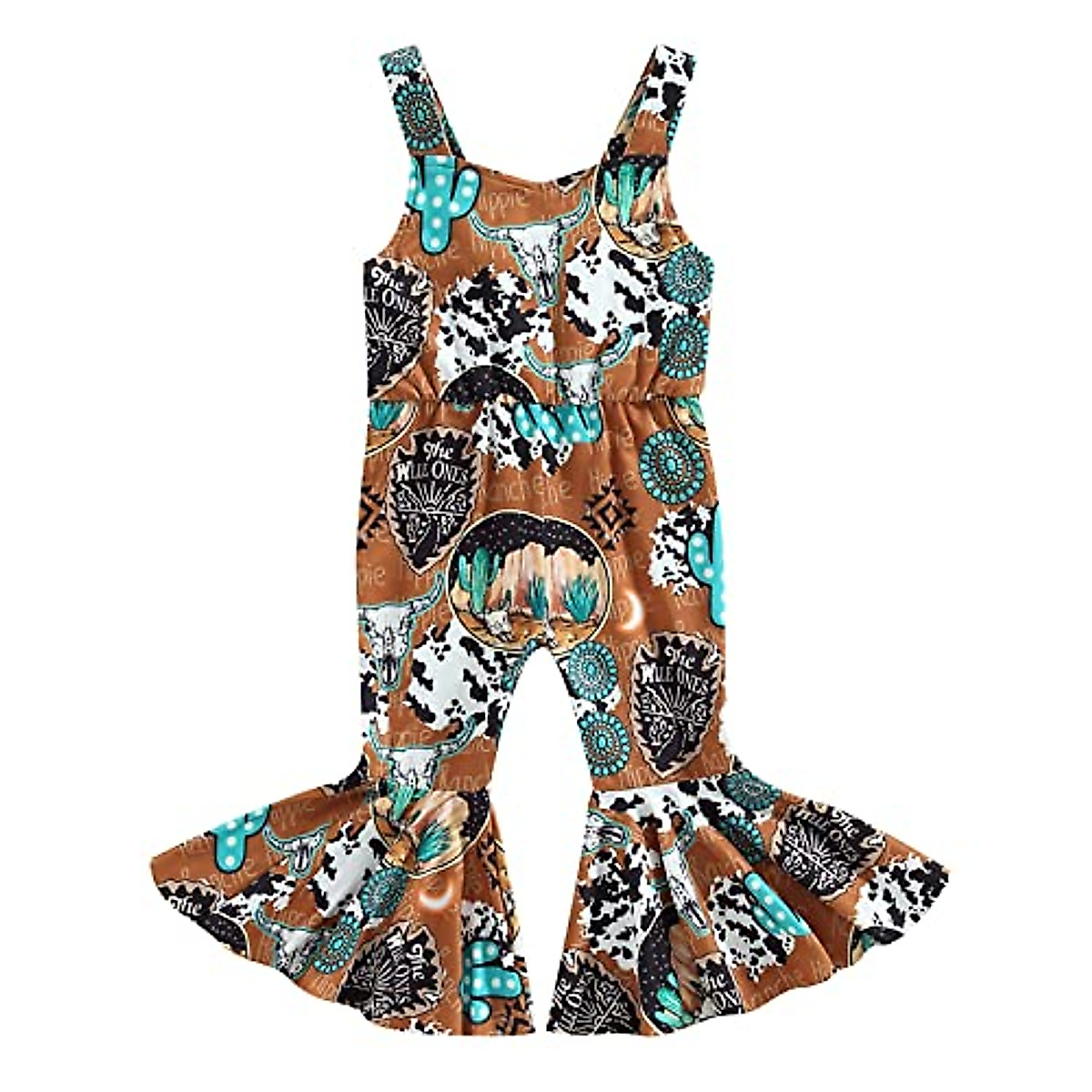 Sejardin Toddler Baby Girl Bell Bottoms Romper Western Cow Pattern Sleeveless Jumpsuit Overalls Infant Girl Summer Clothes (Brown Cow, 18-24 Months)