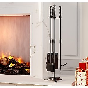 Fire Beauty Fireplace Tools Set 4 Pieces Black Wrought Iron Fire Tool Set for Outdoor/Indoor Include Poker, Shovel, Brush and Stand Accessories Set
