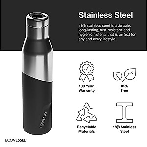 EcoVessel ASPEN Stainless Steel Water Bottle with Insulated Lid, Metal Water Bottle with Rubber Non-Slip Base. Wine Tumbler Reusable Water Bottle - 25oz (Grey Smoke)