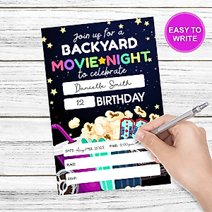 Backyard Movie Night Birthday Invitations, Outdoor Movie Birthday Party Invites Decorations, Kids Adults Birthday Party and Events Supplies, 20 Fill-in Invites Cards with Matching Envelopes（YQK-027）