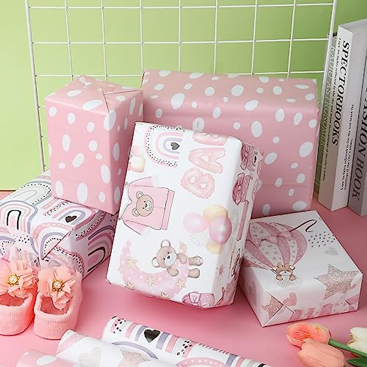 Dtiafu Baby Shower Wrapping Paper for Baby Girl - 12 Sheets Pink Gift Wrap with Baby Feet Bear Unicorn Rainbow Princess Shoes Designs - 20 x 28inch Per Sheet