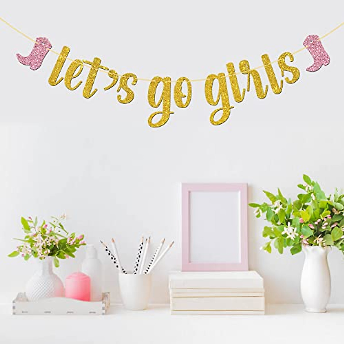 Belrew Let's Go Girls Banner, Western Cowgirl Birthday Wedding Party Decor, Bachelorette Party Decorations, Glittery Gold