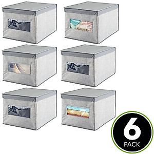 mDesign Large Fabric Stackable Closet Organizer Box with Clear Window/Lid for Bedroom, Office, Bathroom, Mudroom Organization - Shoe, Sweater, Clothes Storage, Lido Collection, 6 Pack, Gray