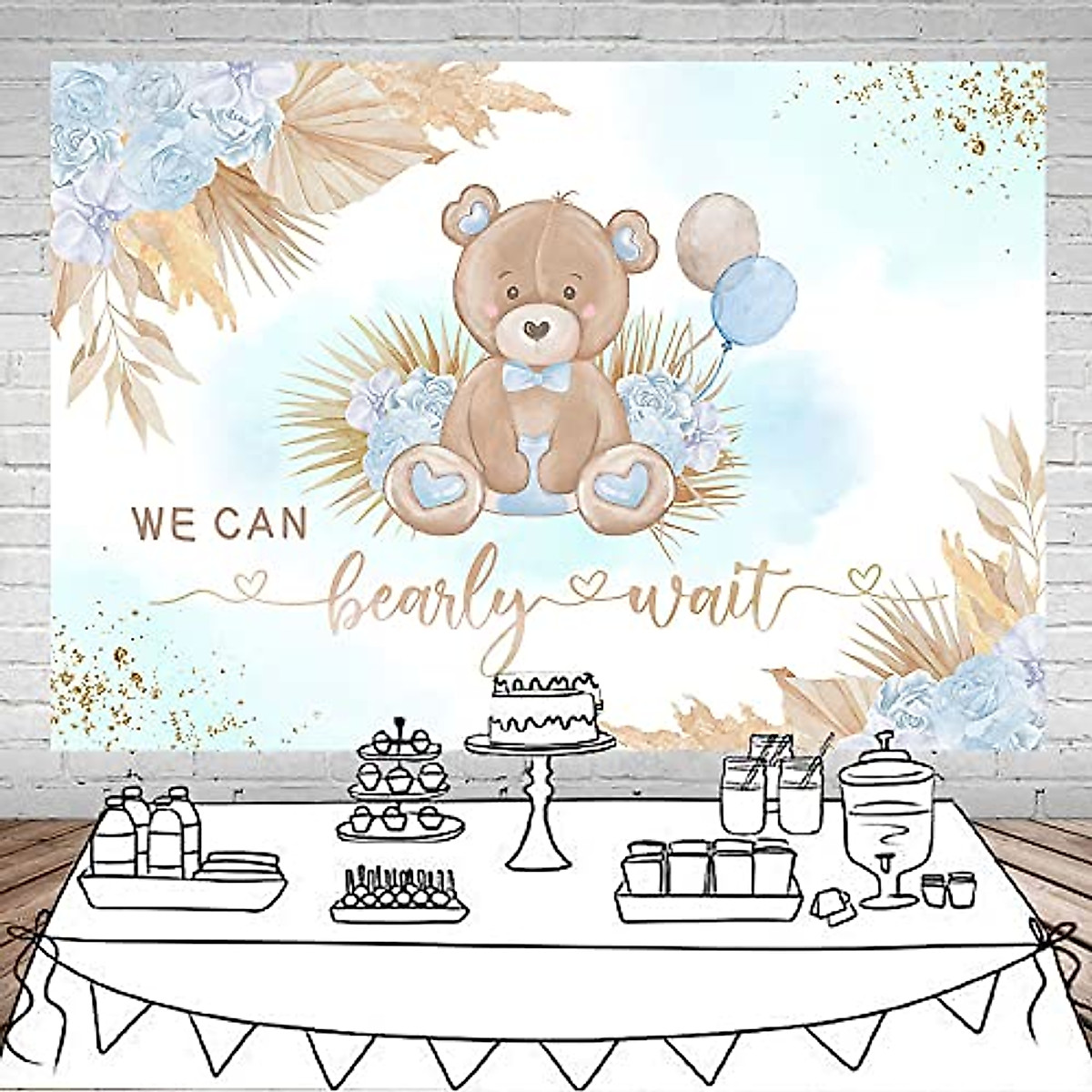 Mocsicka We Can Bearly Wait Backdrop for Boys Boho Chic Blue Flowers Balloons Photography Background Vinyl Boy Lovely Bear Baby Shower Cake Table Decoration Banner (Blue, 7x5ft)