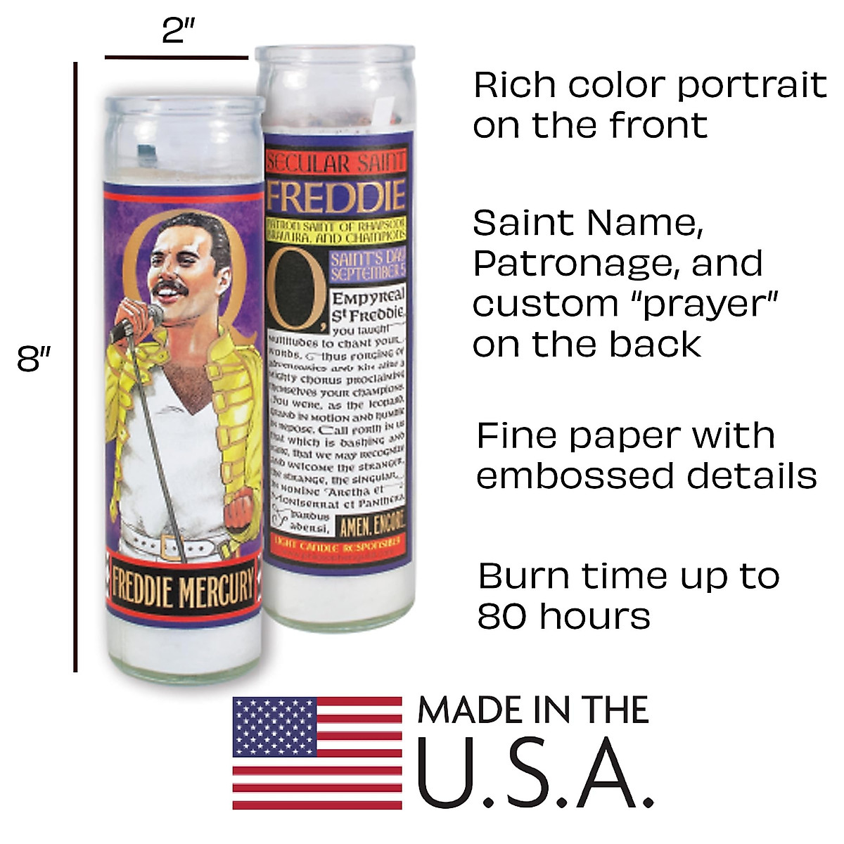 The Unemployed Philosophers Guild Freddie Mercury Secular Saint Candle - 8.5 Inch Tall Glass Prayer Votive, Made in The USA with Vegetarian Wax