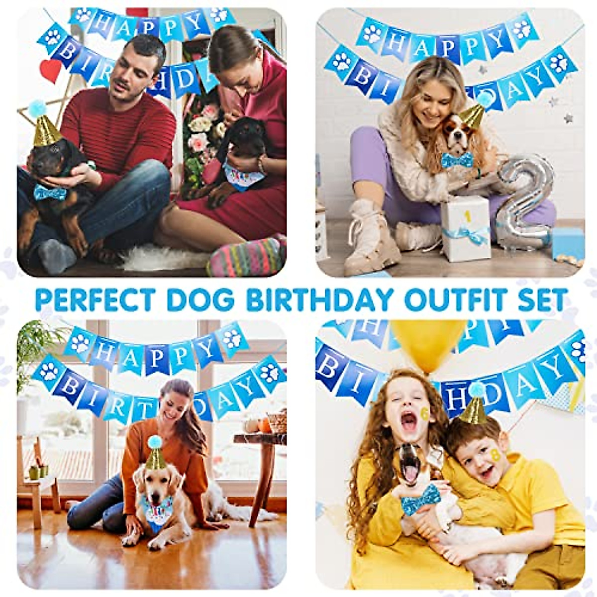 Nobleza Dog Birthday Party Supplies, Dog Birthday Hat Bandana Scarf with Cute Dog Bow Tie, Banner, Dog First Birthday Boy Outfit for Pet Puppy Cat Blue