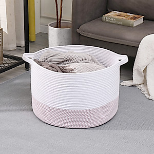 Volhouim XXXLarge Cotton Rope Basket for Organizing Baby Laundry Basket for Blankets Living Room Blanket Basket Cotton Rope Basket with Handle Collapsible Woven Basket Baby Toy Bin， 22"x14" ,Pink