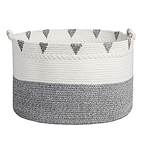 Decospark XXXL Cotton Rope Basket For Toy And Blanket Storage| 21.7" x 13.8" | Soft Long Handles | Decorative Home Organizer Ideal For Living Room, Baby Clothes And Laundry (Grey and White)