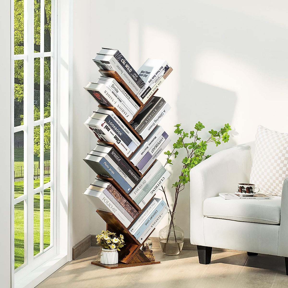 SHEEPAM 10 Tier Tree Book Shelf, Floor Standing Wood Bookshelf for Narrow Space, Storage Organizer Bookshelves for Books/CDs/Magazine, Bookcase with Shelves for Home Office, Living Room - Brown