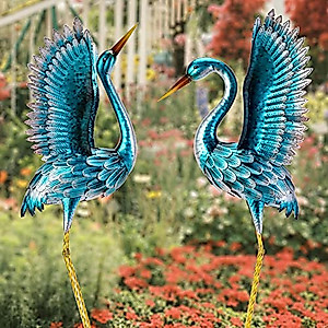 Natelf Garden Crane Statues for Outdoor, Blue Heron Decoy Garden Sculptures, Standing Metal Bird Yard Art for Patio Pond Backyard Decor(Set of 2)
