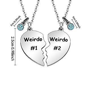 Maxforever Friendship Gift, Weirdo 1 Weirdo 2 Split Heart Stainless Steel Pendant Necklaces BFF Gift for Best Friend (Blue Crystal)