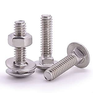 (6 Sets) 3/8"-16 x 3 Carriage Bolt with Hex Nuts and Flat Washers SAE, Round Head Square Neck Bolts, 304 Stainless Steel 18-8, Full Thread UNC