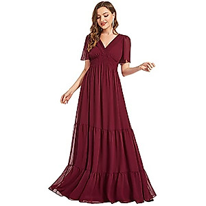 Ever-Pretty Women's Chiffon V Neck Back Lace up Short Sleeves Pleated Maxi Bridesmaid Dress Burgundy US10