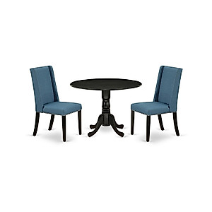 East West Furniture DLFL3-ABK-21 3 Piece Dining Room Table Set Contains a Round Kitchen Table with Dropleaf and 2 Blue Linen Fabric Parsons Dining Chairs, 42x42 Inch, Wirebrushed Black