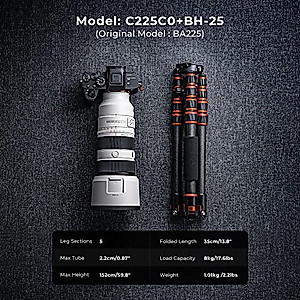 K&F Concept 60 inch Carbon Fiber Camera Tripod,Super Lightweight Compact Travel Tripod with 360 Degree Ball Head,Quick Release Plate,Detachable Monopod 8KG Load Capacity for SLR DSLR C225C0 (BA225)