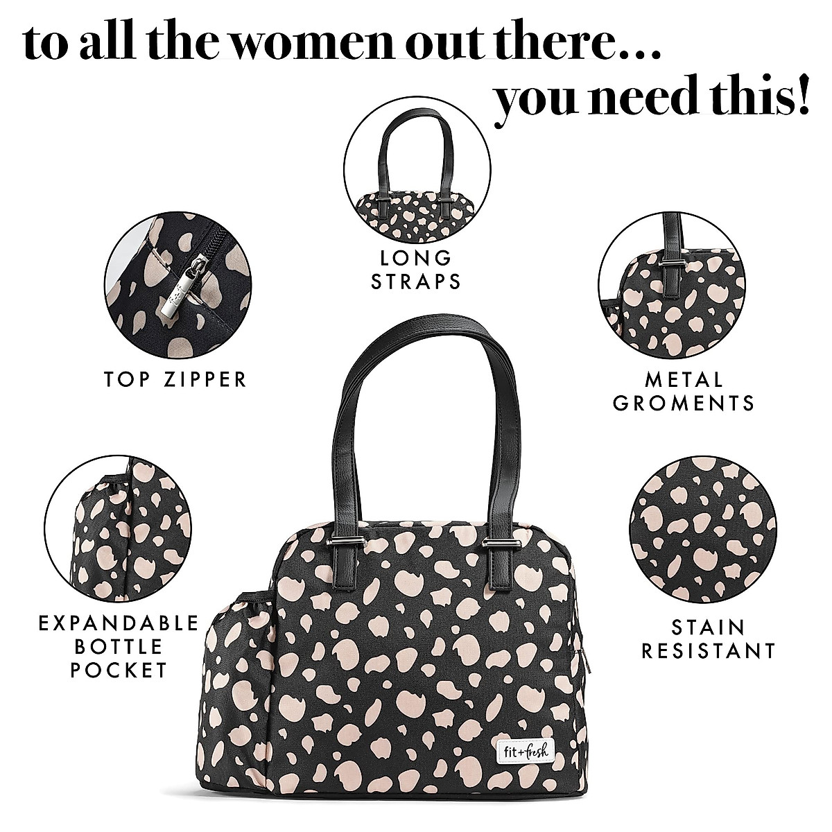 Fit & Fresh Lunch Bag For Women, Insulated Womens Lunch Bag For Work, Leakproof & Stain-Resistant Large Lunch Box For Women With Bottle Pocket, Long Straps, Zipper Closure Laketown Bag Black Cheetah