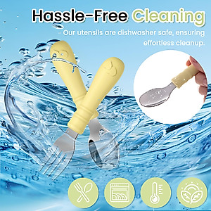 HAKSEN Toddler Forks and Spoons, Kids Silverware with Silicone Handle, Perfect Length for Baby Spoons Self Feeding, Stainless Steel Cutlery