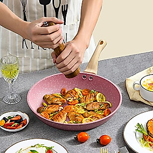 Frying Pan Nonstick, 8 Inch Pink Egg Pan, Non Stick Fry Pan 100% PTFE PFOA-Free Omelet Pan, Toxin-Free Skillets Stone Cookware, Anti-Warp Base with All Stove Tops Available, Induction Compatible