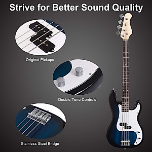 Costzon Full Size Electric 4 String Bass Guitar for Beginner Starter Complete Kit, Rose Fingerboard and Bridge, w/Two Pickups & Two Tone Control, Guitar Bag, Strap, Guitar Pick, Amp Cord (Blue Bass)