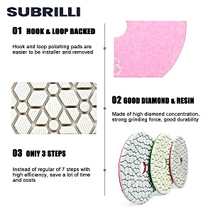 SUBRILLI 3 Step Diamond Polishing Pads 3-Pcs Step 1 Abrasive Disc for Granite Quartz Marble Concrete Terrazzo