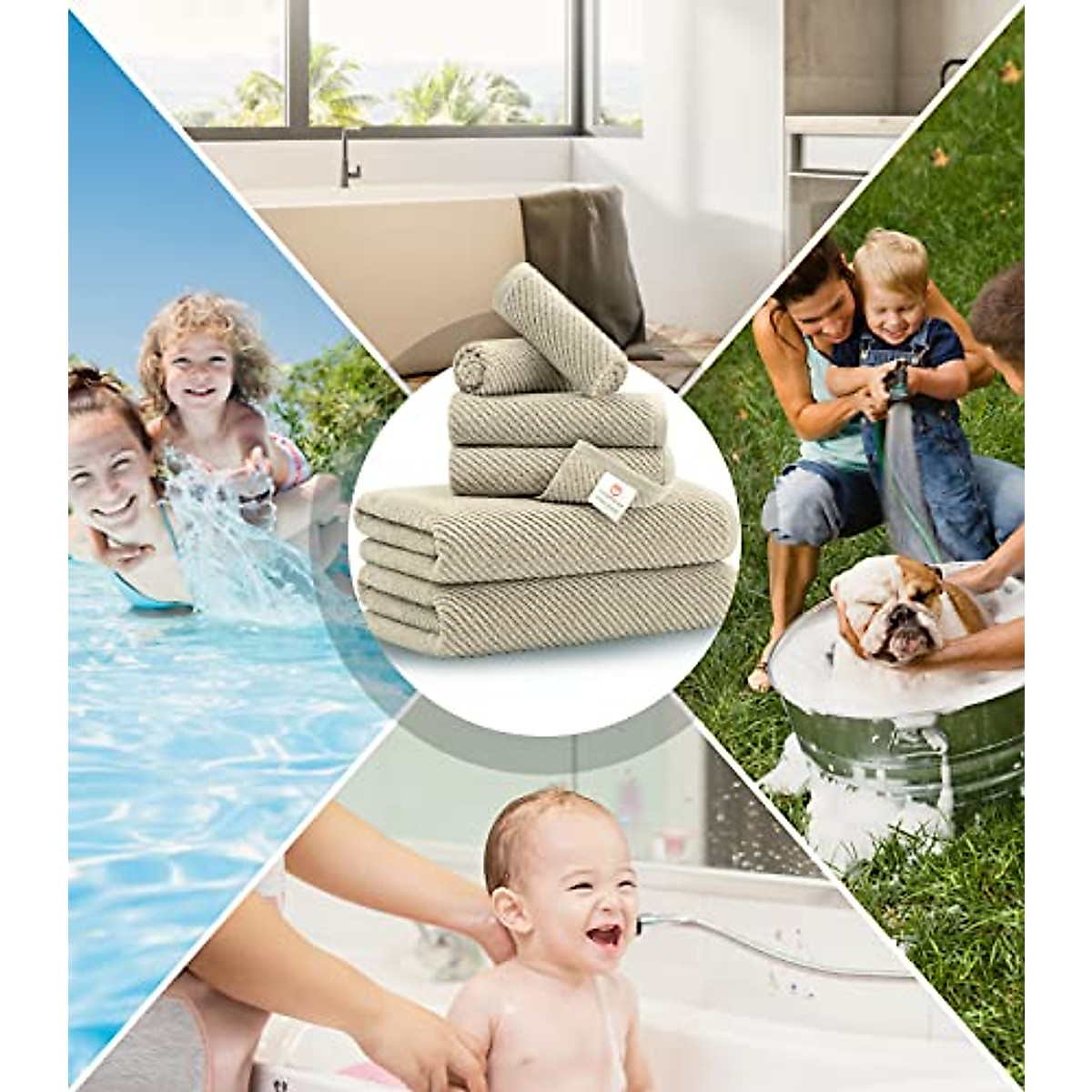 VOOVA & MOVAS Towels for Bathroom,6 Pieces Gift Set,100% Cotton | Large | Soft | Quick Dry, 2 Bath Towels 30×56inch, 2 Hand Towels 18×28, 2 Wash Cloths 13×13,Dorm Room Essentials, Light Tan | Beige