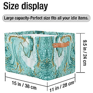 Teal Marble Storage Basket Bins, Turquoise Marble Texture Large Foldable Storage Baskets Fabric Organizer Storage Cubes Box with Handles Collapsible Basket for Shelf Closet Nursery Home Office 1 Pack