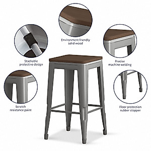 ZAFLY Metal Backless Bar Stool with Wood Seat Industrial Style Counter Height Barstool Indoor Outdoor Stackable Bar Chair, Set of 4, 330lbs Weight Capacity