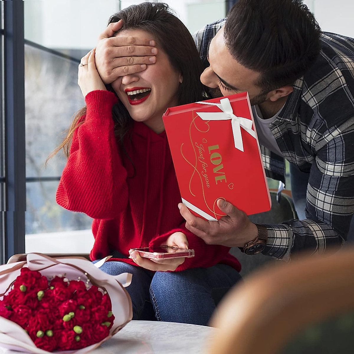 CHARMGIFTBOX Large Gift Box with Lids for Presents, 8.7x6.7x4 Inches Collapsible Red Gift Boxes with Magnetic Closure Ribbon and Card for Valentine's Day Birthday Bridesmaid Boxes