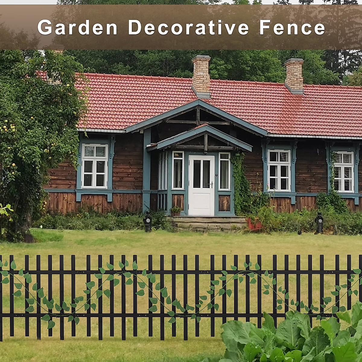 Decorative Garden Fence 20 Pack Animal Barrier Fencing with 6 Green Leaves 20.8 ft (L) x 22.2 in (H) Bamboo Fences Garden Edging Border for Small Dog Rabbit Yard Patio, Black