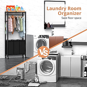 Hodonas Rolling Laundry Basket Organizer with Wheels and Hanging Bar, Laundry Hamper Cart Laundry Sorter 3 Section, Dirty Clothes Hampers for Laundry Bedroom Bathroom w/ 3 Removeable Bags, Black