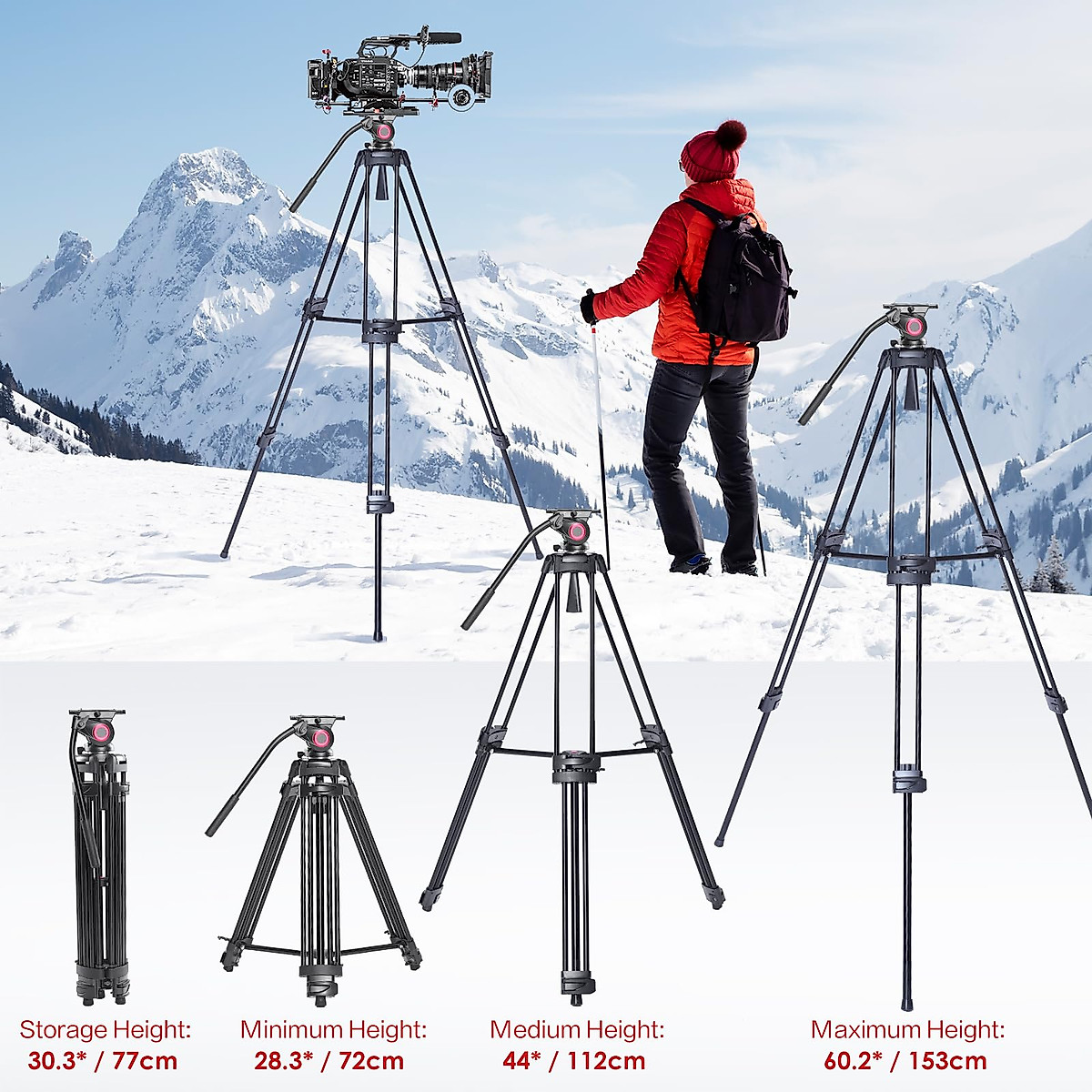 miliboo Heavy Duty Tripod for Camera,Video Tripod with Fluid Head,Aluminum Heavy Duty Tripod for Camera,Maxload 22lbs with Mid-Level Spreader(MTT601A)