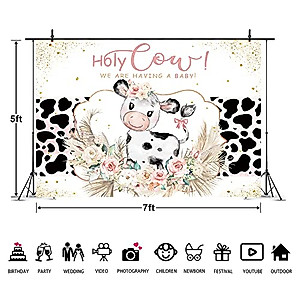 Imirell Holy Cow Baby Shower Backdrop 7Wx5H Feet Farm Pink Floral Baby Shower Party Cow Print Photography Backgrounds Props Decoration Polyester Fabric