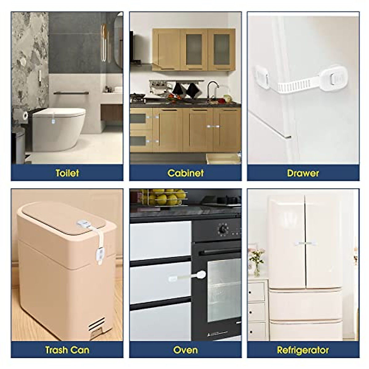 LOSODONA Child Cabinet Safety Locks for Toddlers (6 Pack) Baby Proof Drawer Locks Child Safety Strap Locks for Doors Fridges Toilet Ovens