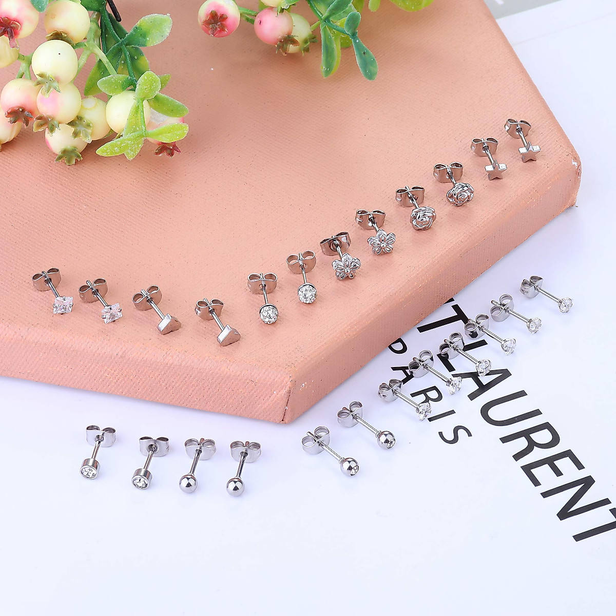 LOYALLOOK 12 Pairs Earrings for Women Studs Set Dainty Surgical Steel Earrings Tiny CZ Flower Heart Star Ball Silver Stud Earrings for Women