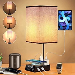 Bedside Lamp with USB Ports & AC Outlets, 15W Wireless Charger Table Lamp with Clock, 3 Way Dimmable Nightstand Lamps for Bedroom Living Room,Touch Lamp with Charging Station,Grey Shade & Black Base