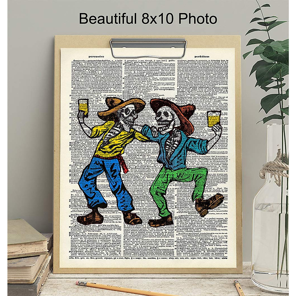 Day of the Dead Wall Art Poster - Halloween Mexican Skeleton, Sugar Skull Decor - 8x10 Home or Party Decoration for Living Room, Bedroom, Bar - Unique Gift for Men - UNFRAMED Print - Beer Party Bros