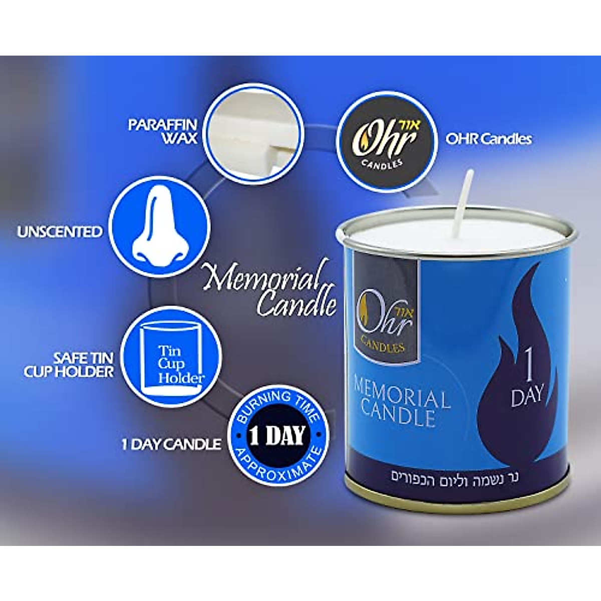 1 Day Yahrzeit Candle - 48 Pack - 24 Hour Kosher Yahrtzeit Memorial and Yom Kippur Candle in Tin Cup Holder